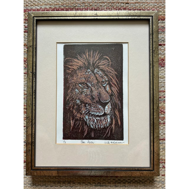 Vintage Hand Colored Lithograph Portrait of a Lion | Chairish