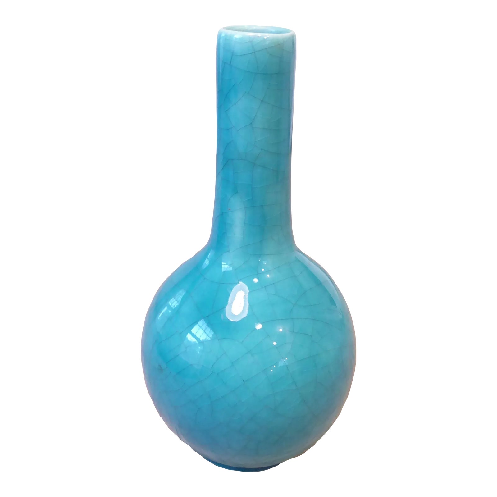 Vintage Japanese Turquoise Crackle Glaze Vase | Chairish