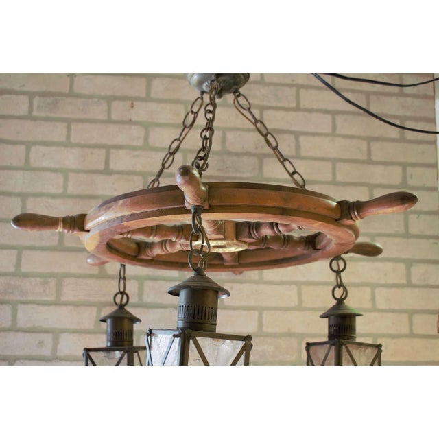 Nautical Style Ship Wheel With Three Hanging Lanterns Chandelier | Chairish