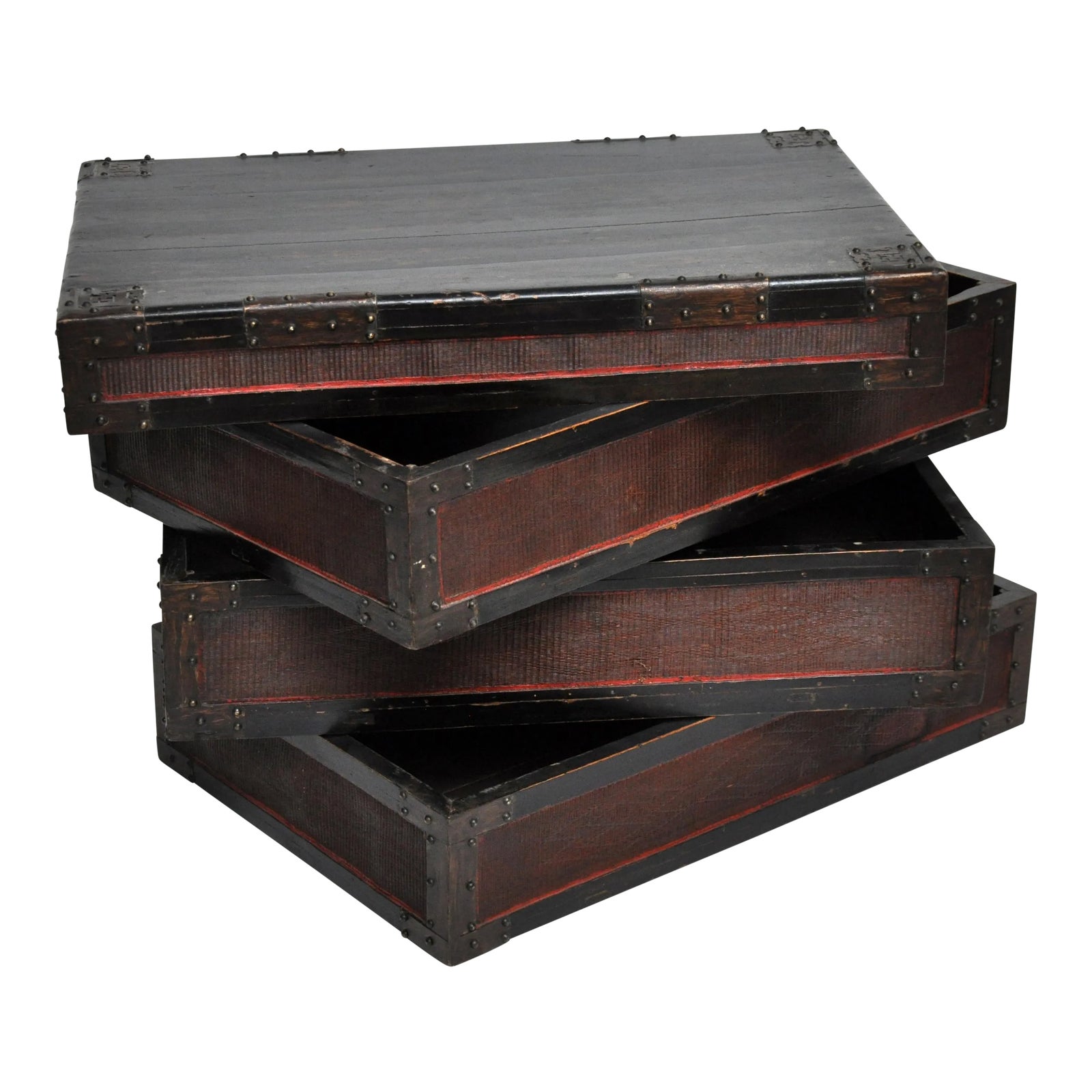 Antique Chinese Woven Bamboo Stacked Boxes - Set of 3 | Chairish