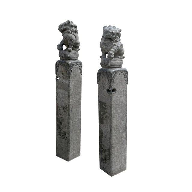 Chinese Pair Gray Stone Fengshui Foo Dogs Lion Slim Pole Statues | Chairish
