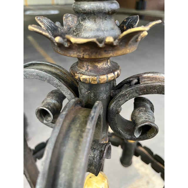 1800s Gothic Forged Iron & Bronze 8-Light Tudor Chandelier With Carved ...