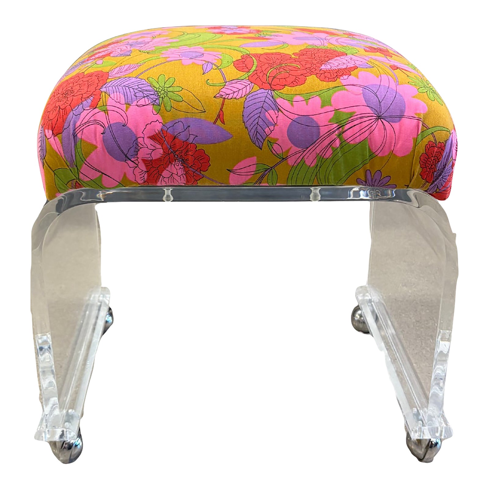 Vintage 1980s Lucite Stool on Casters With Vibrant Floral Upholstery ...