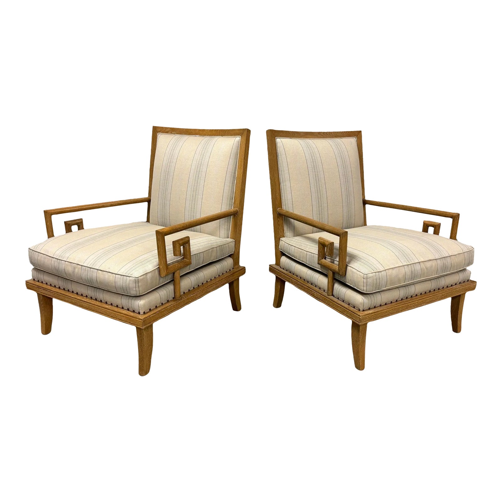 Vintage Greek Key Cerused Lounge Chairs by Michael Berman | Chairish