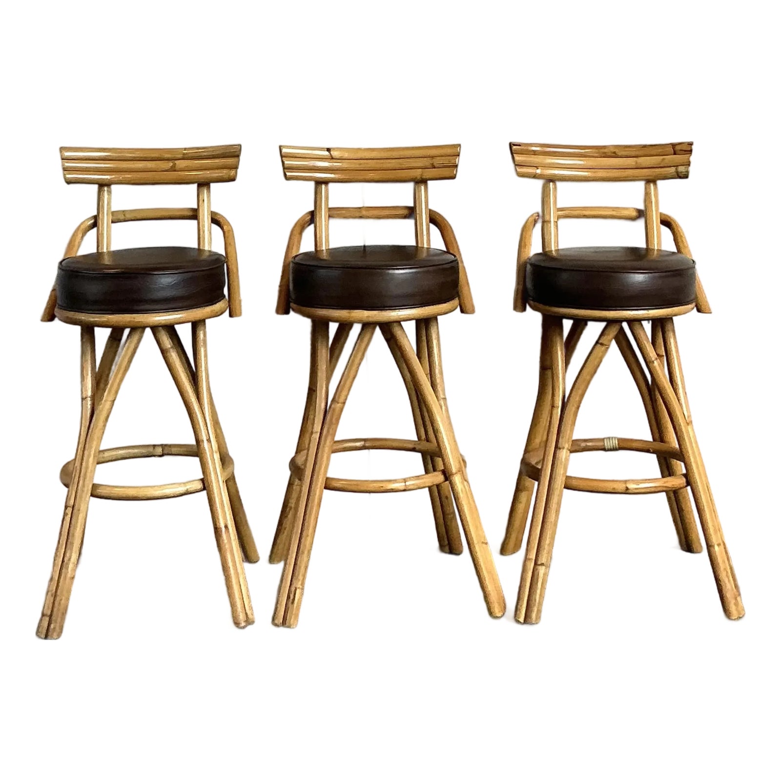Vintage Coastal Bent Rattan Bar Stools - Set of Three | Chairish