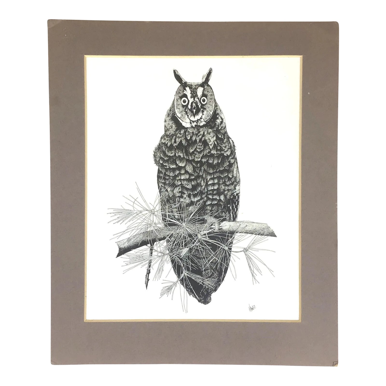 Great Horned Owl Graphite Reproduction Black on White Signed Hawes ...