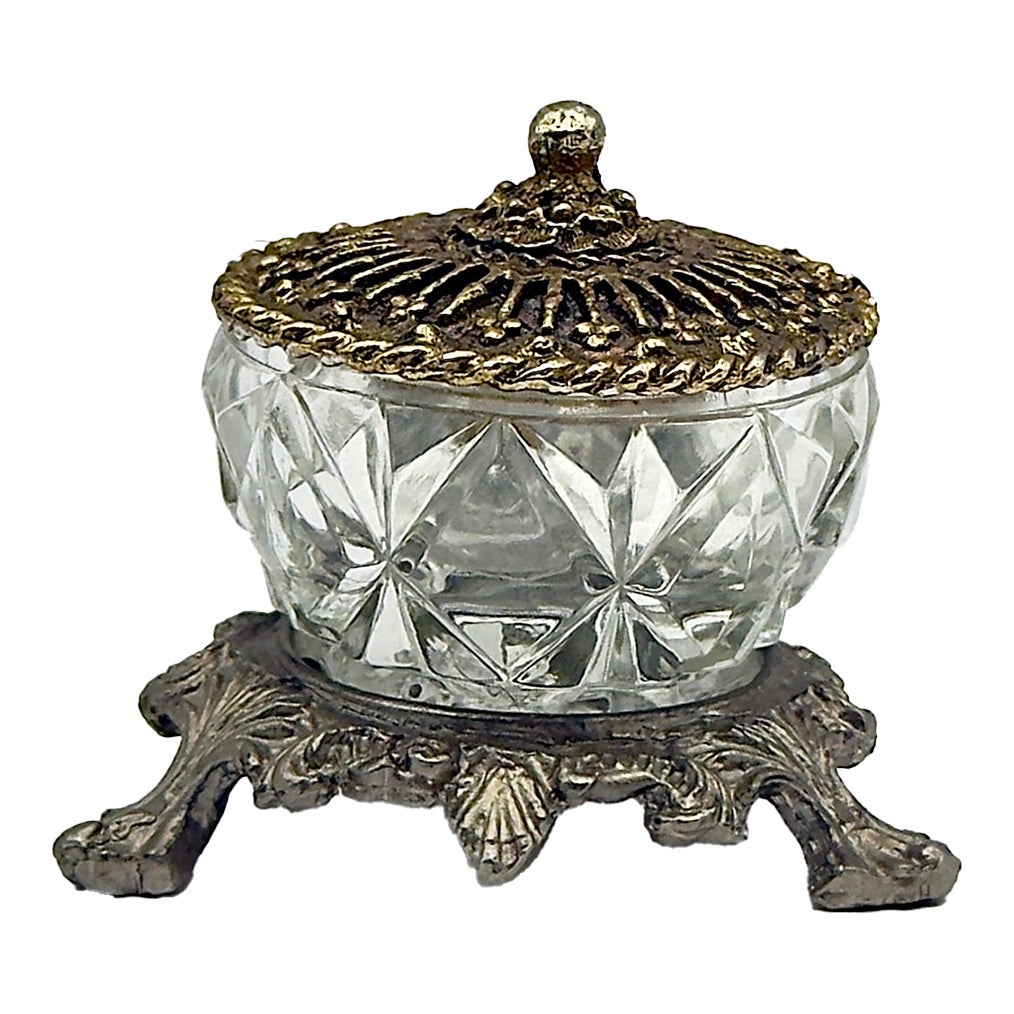 Antique Cut Glass Vanity Jar or Salt Cellar With Ornate Footed Base and ...