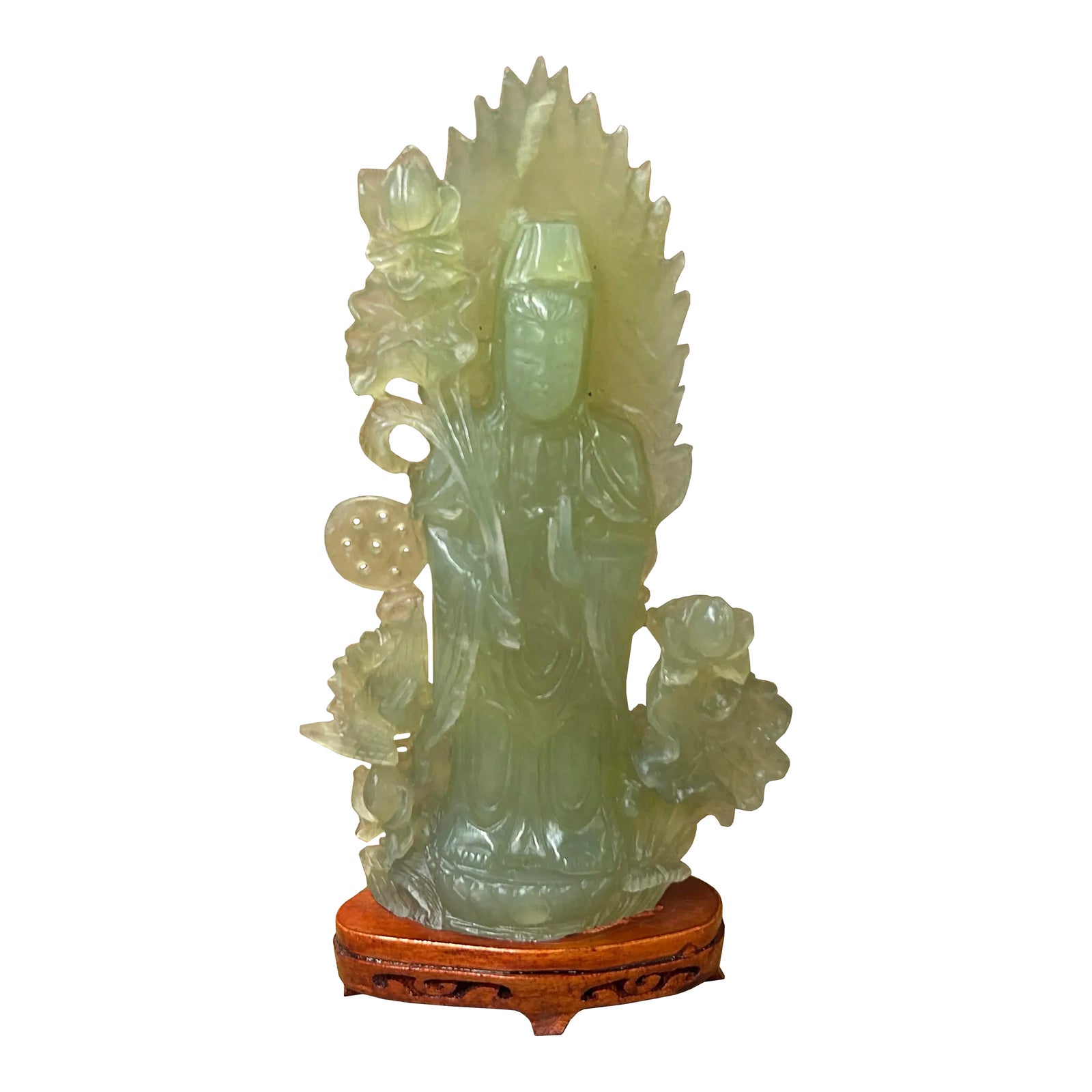 Light Green Color Stone Chinese Lotus Guan Yin Bodhisattva Statue ...