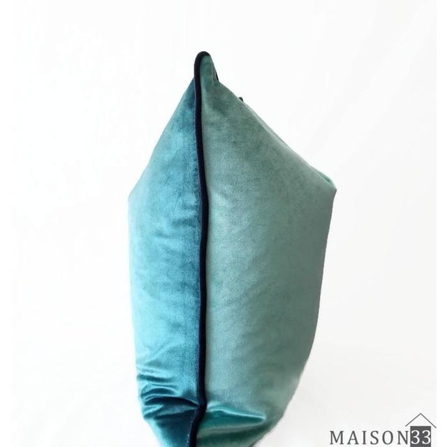 Topaz/Turquoise Velvet Pillow With Sapphire Piping Detail | Chairish