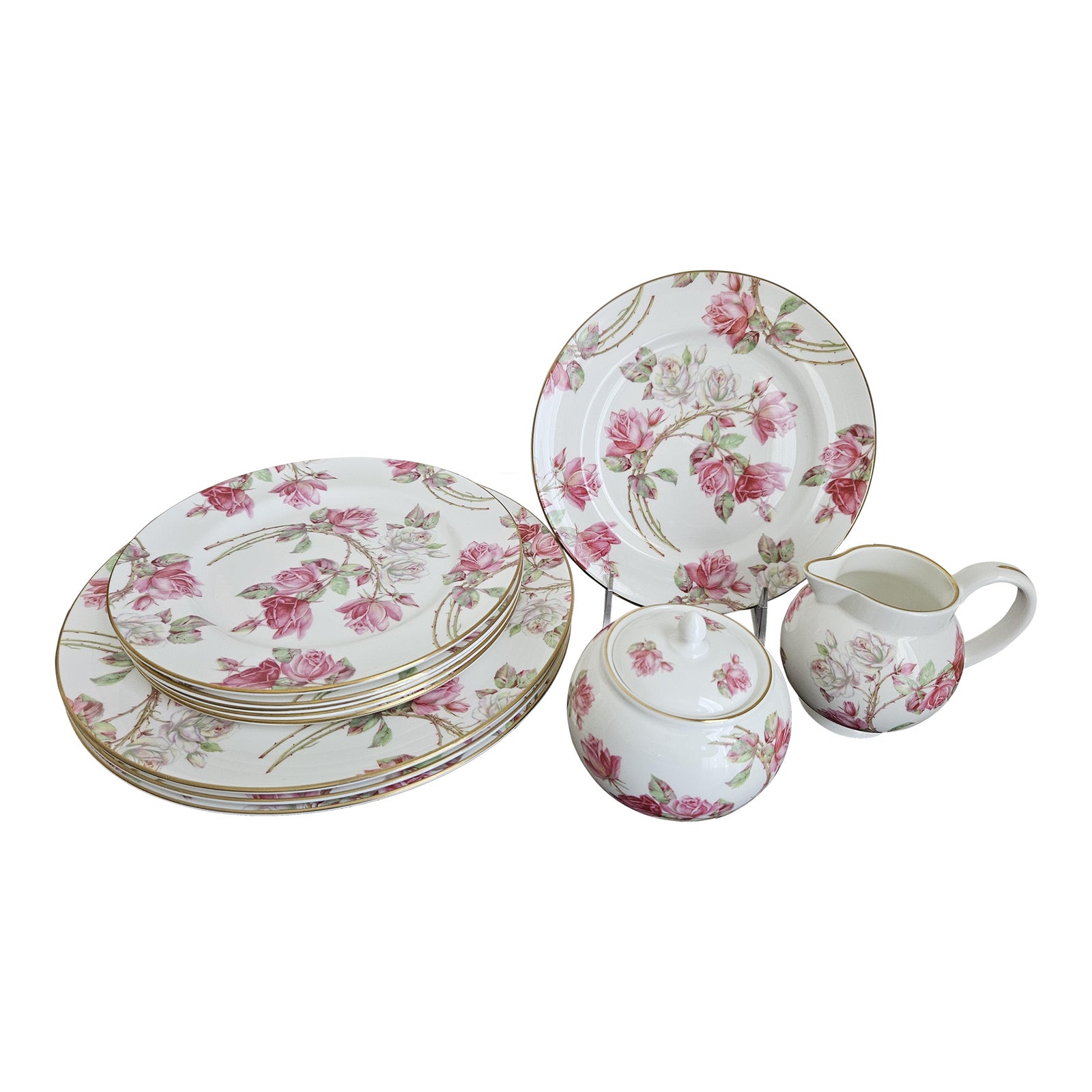 1990s English Aynsley Elizabeth Rose Plates & Serving Set- 12 Pieces ...
