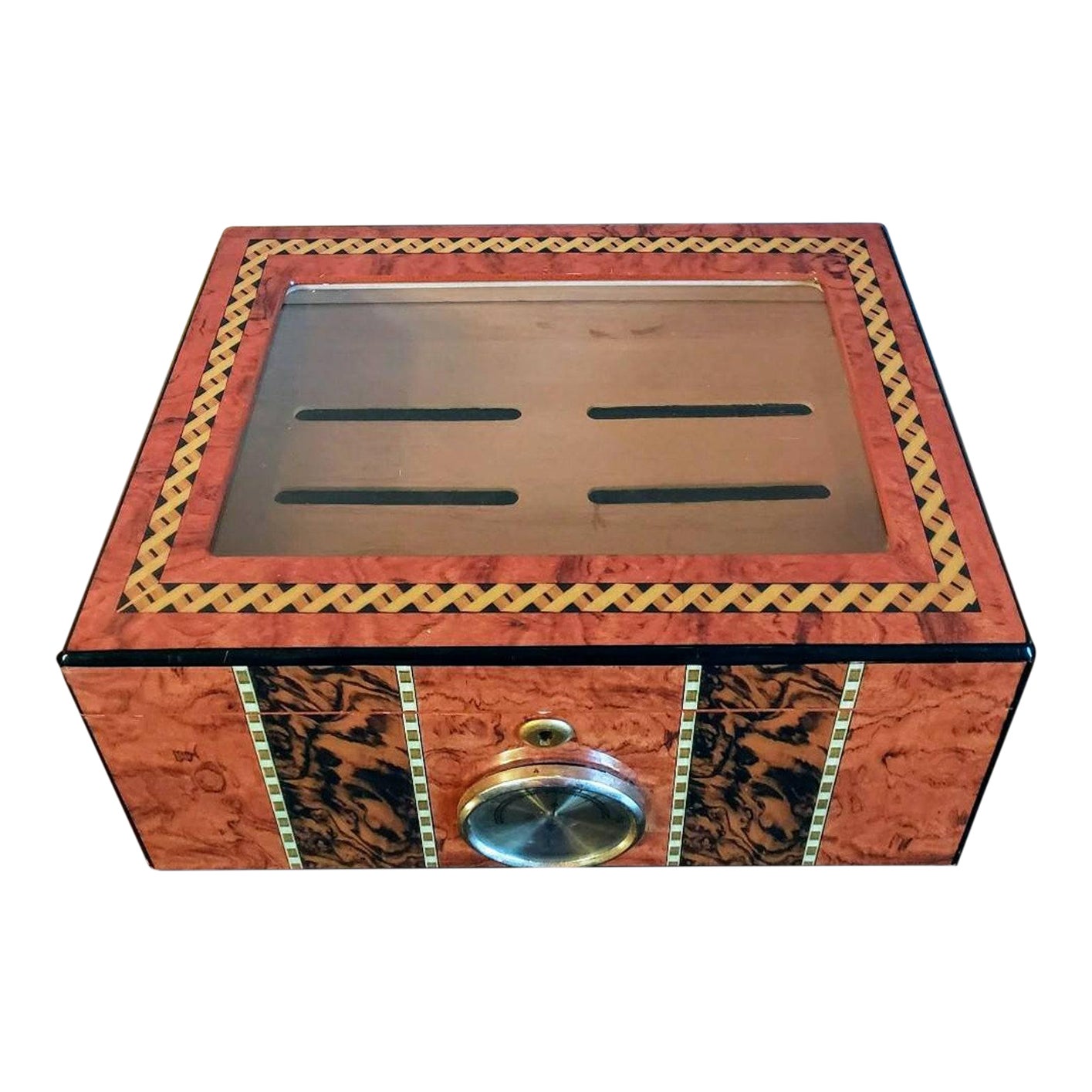 Contemporary Wood Inlaid Cigar Humidor Box | Chairish