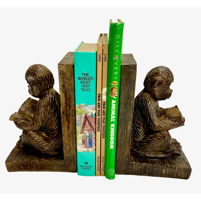 Sculpted Reading Monkey Book Ends - a Pair | Chairish
