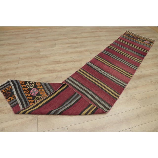 1960s Traditional Ethnic Natural Wool Red Striped Kilim Runner Rug ...