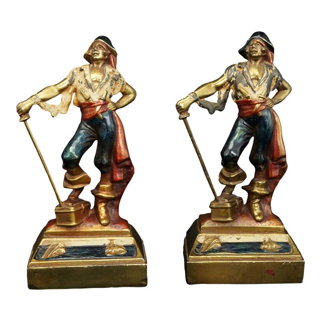 Pair Pompeian Bronze Plated and Enameled Pirate Bookends Circa 1925 ...