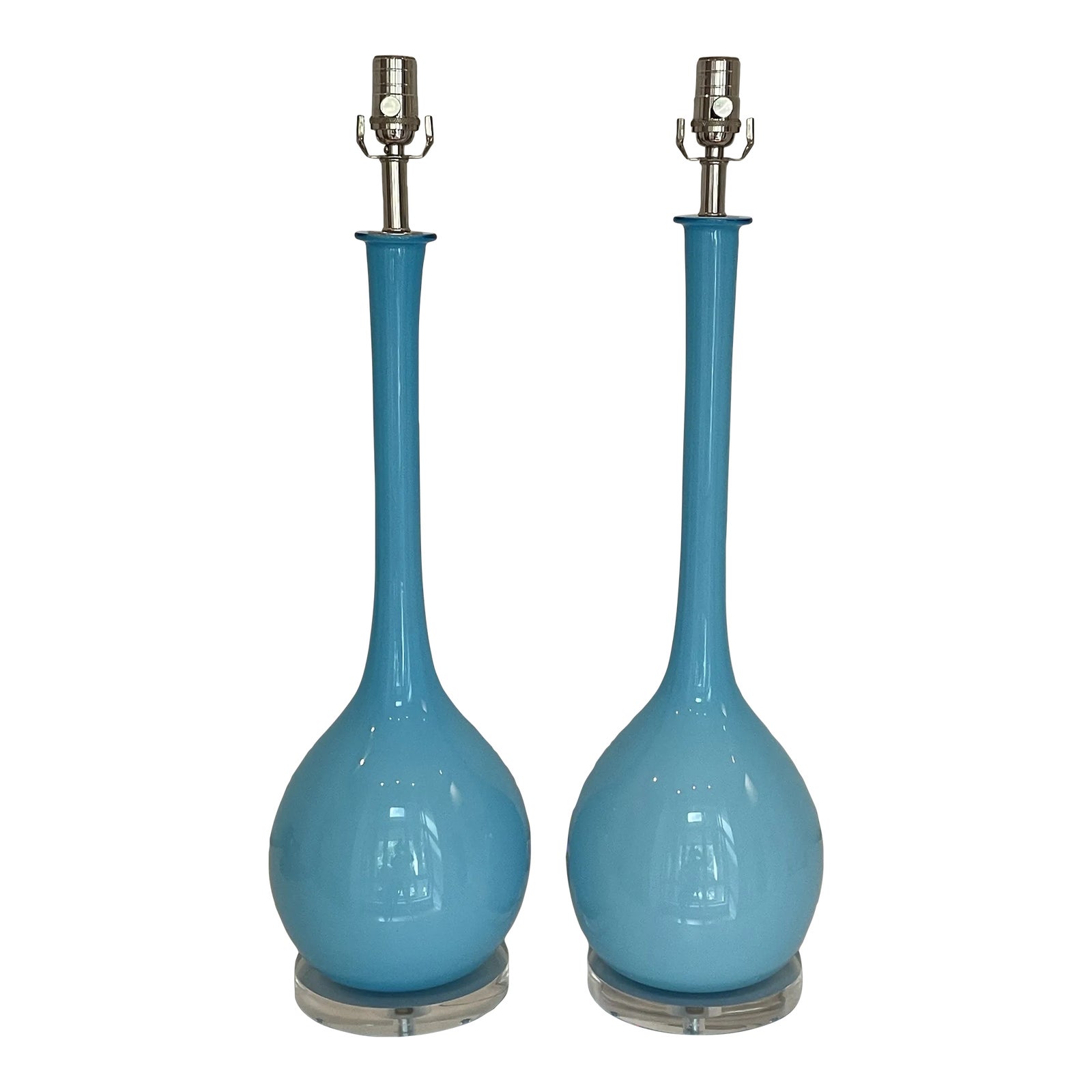 Vintage Murano Glass Long Neck Table Lamps in Sky Blue - a Pair | Chairish