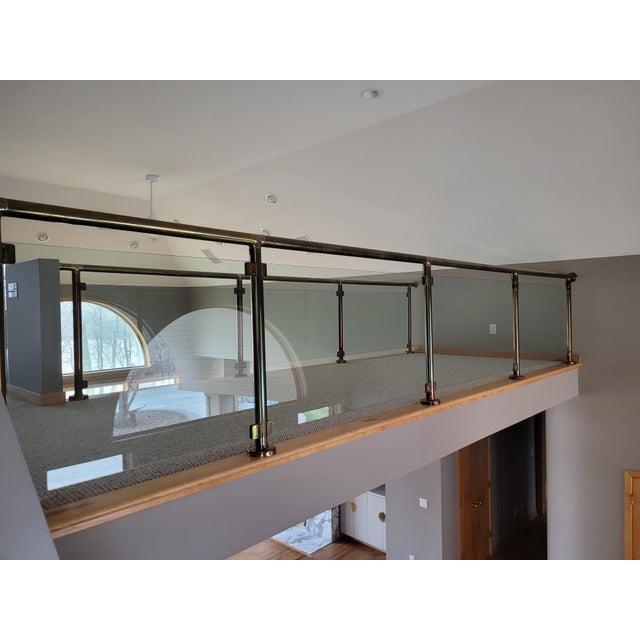 1980s Floating Glass Panels With Brass Handrails and Floor Mounts - Set ...
