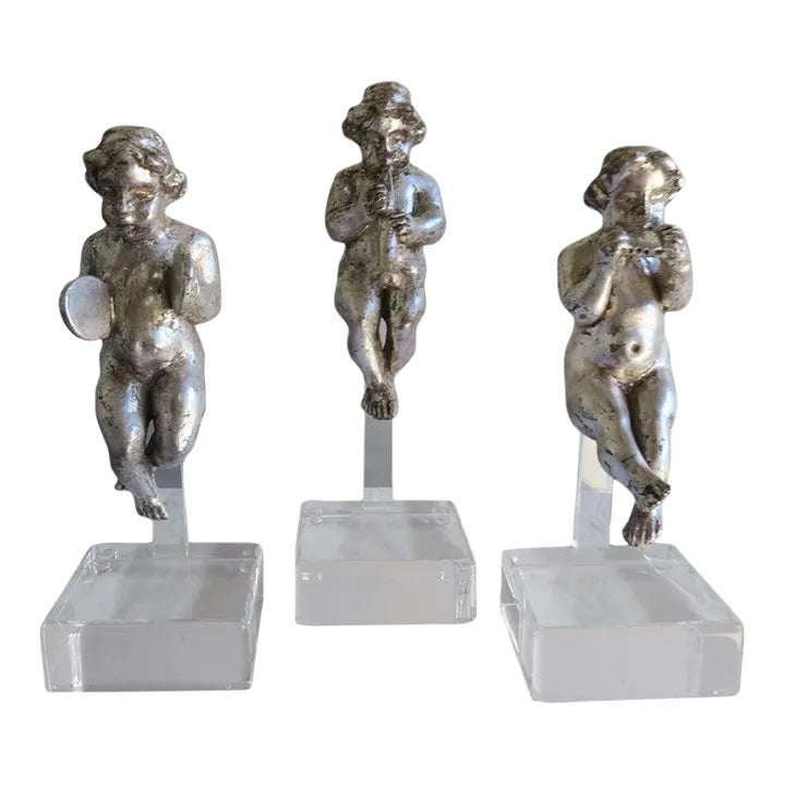 Set of Three Silver Gilt Musical Cherubs on Lucite Bases | Chairish