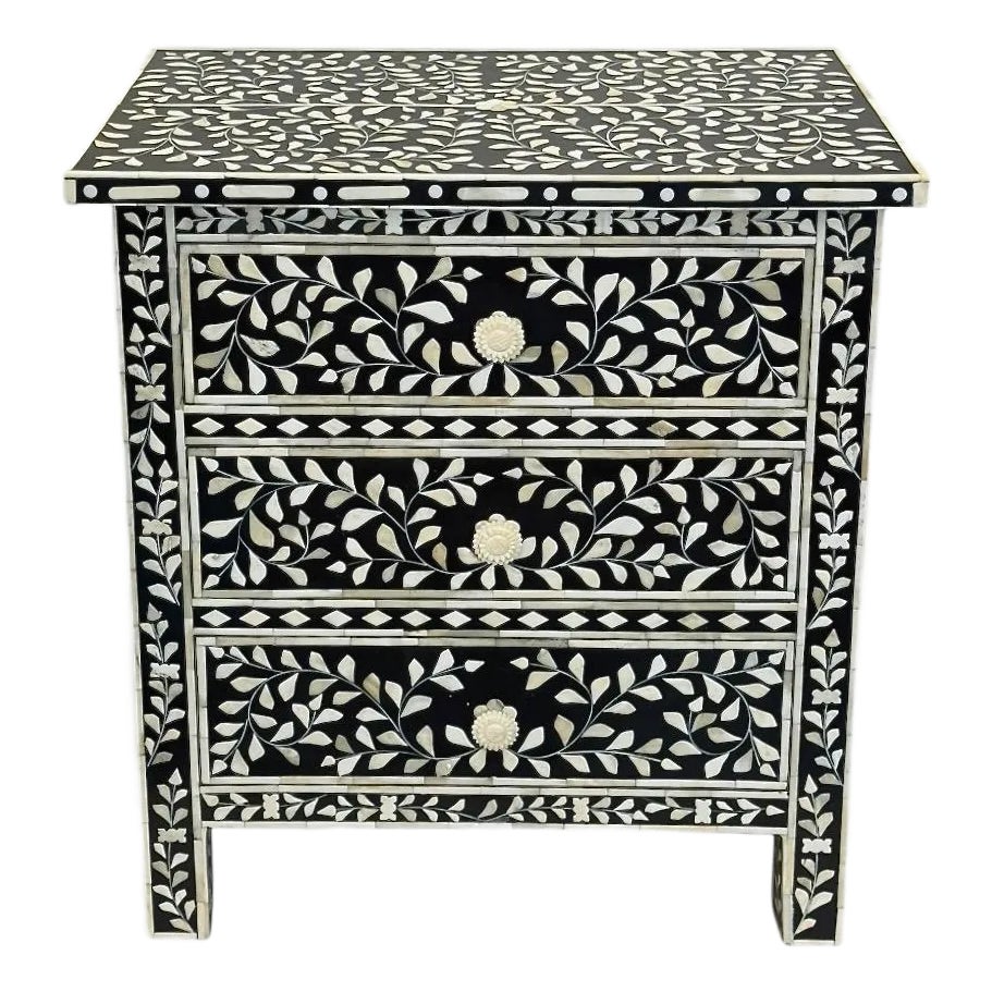 Handcrafted Black Bone Inlay Nightstand Table | Chairish