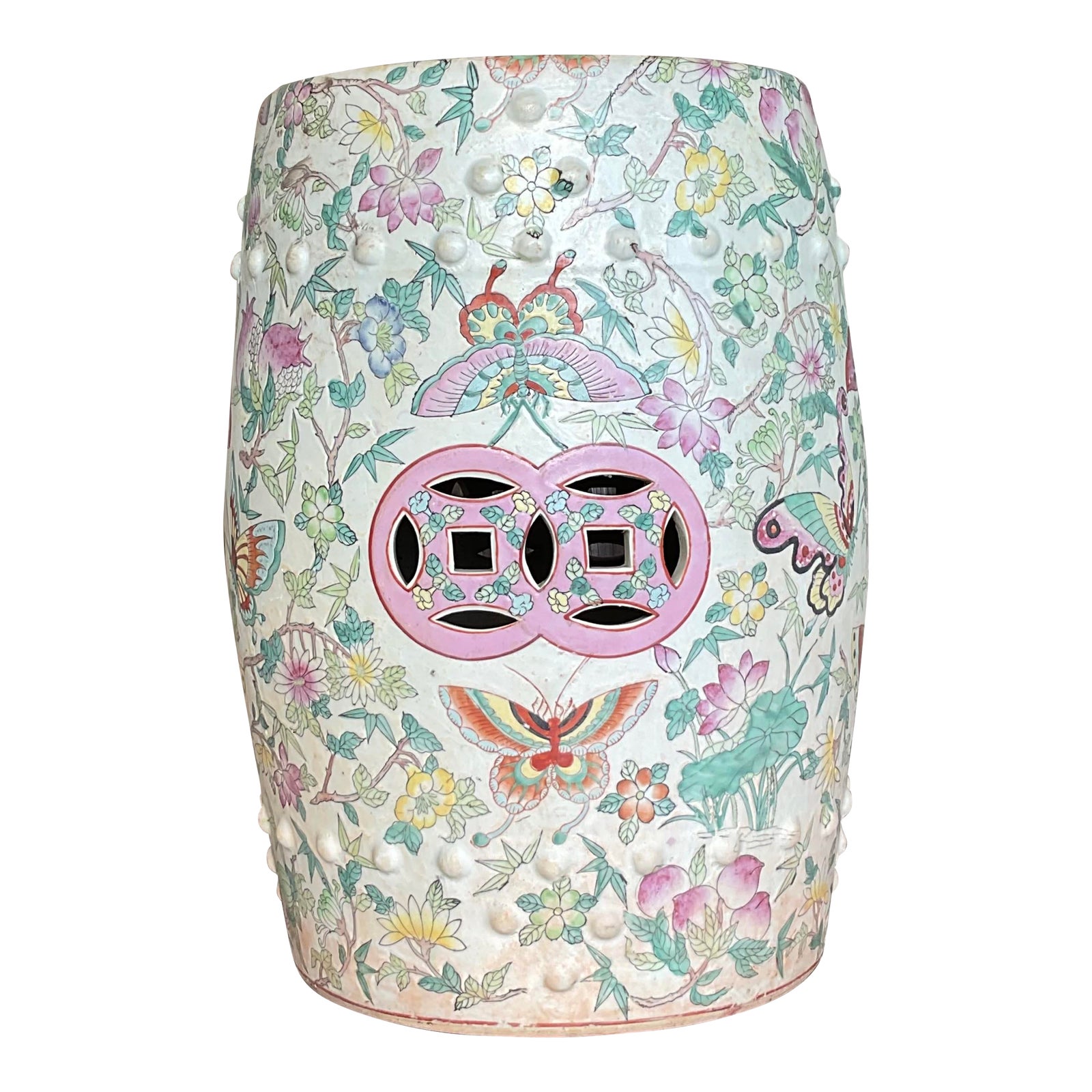 Vintage Asian Medallion Ceramic Butterfly Low Stool | Chairish