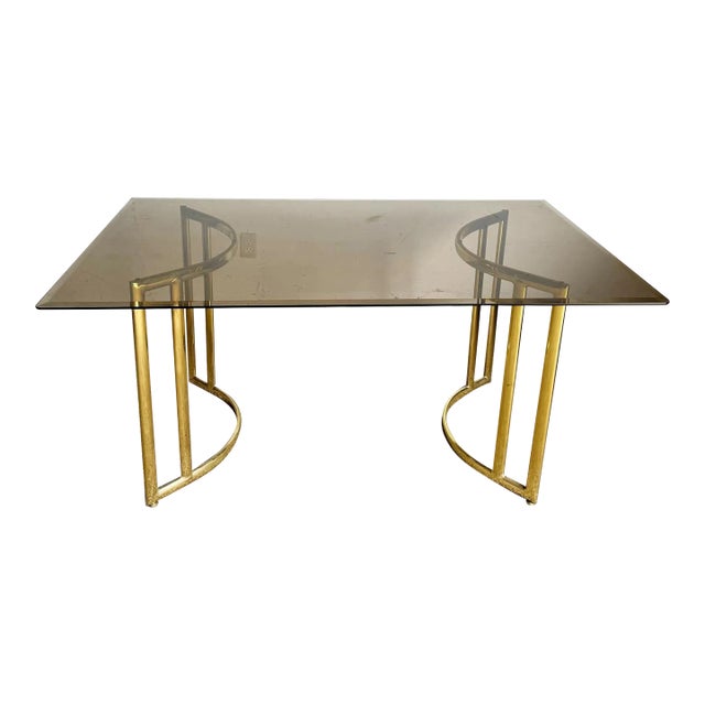 Art Deco Gold and Smoked Glass Top Rectangular Dining Table | Chairish
