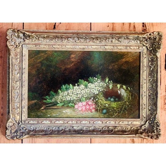 19th Century Still Life ‘Bird’s Nest With Flowers’ Oil Painting on Board by British Artist ...