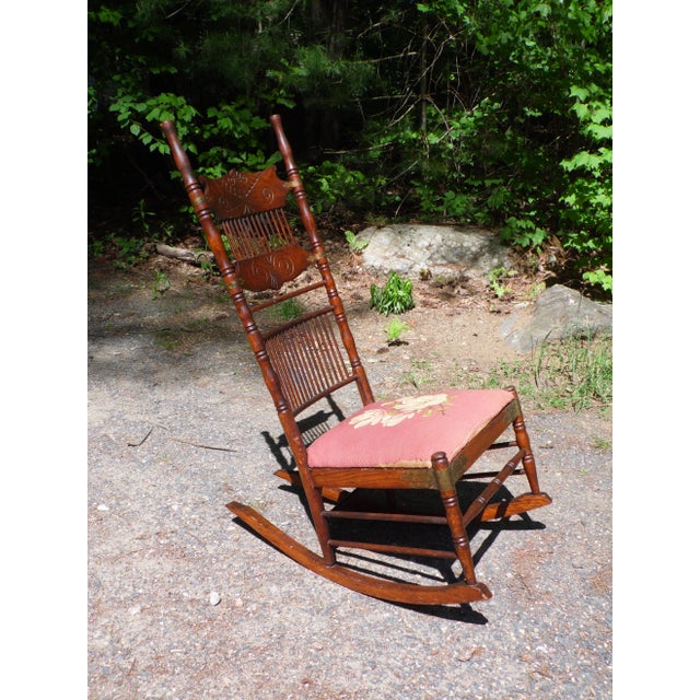 Antique Spoon Carved Solid Oak Spindle Back Rocker Needlepoint Rocking ...