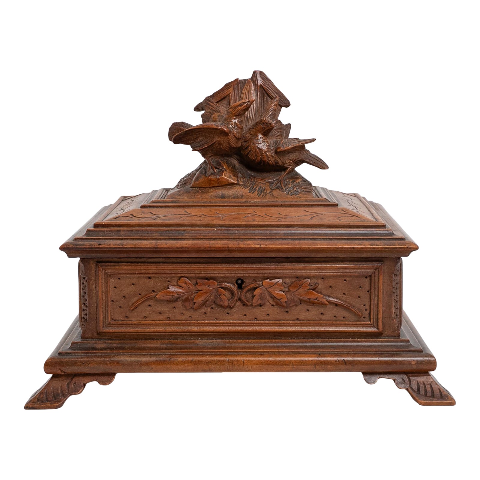 19th Century Black Forest Carved Wood Casket With Birds | Chairish