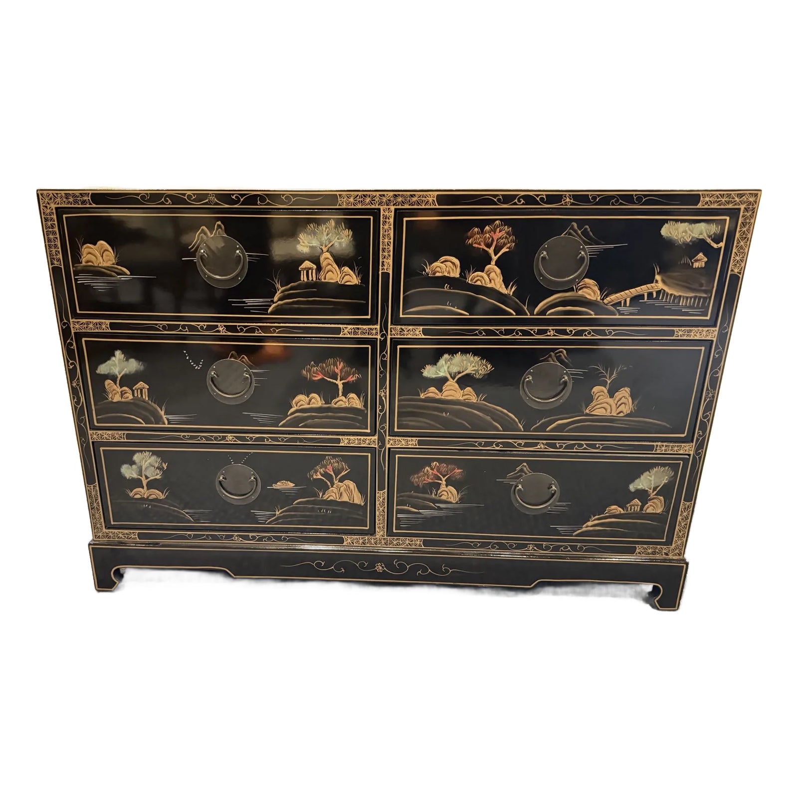 Chinoiserie Hand-Painted Black Lacquer Chest of Drawers | Chairish