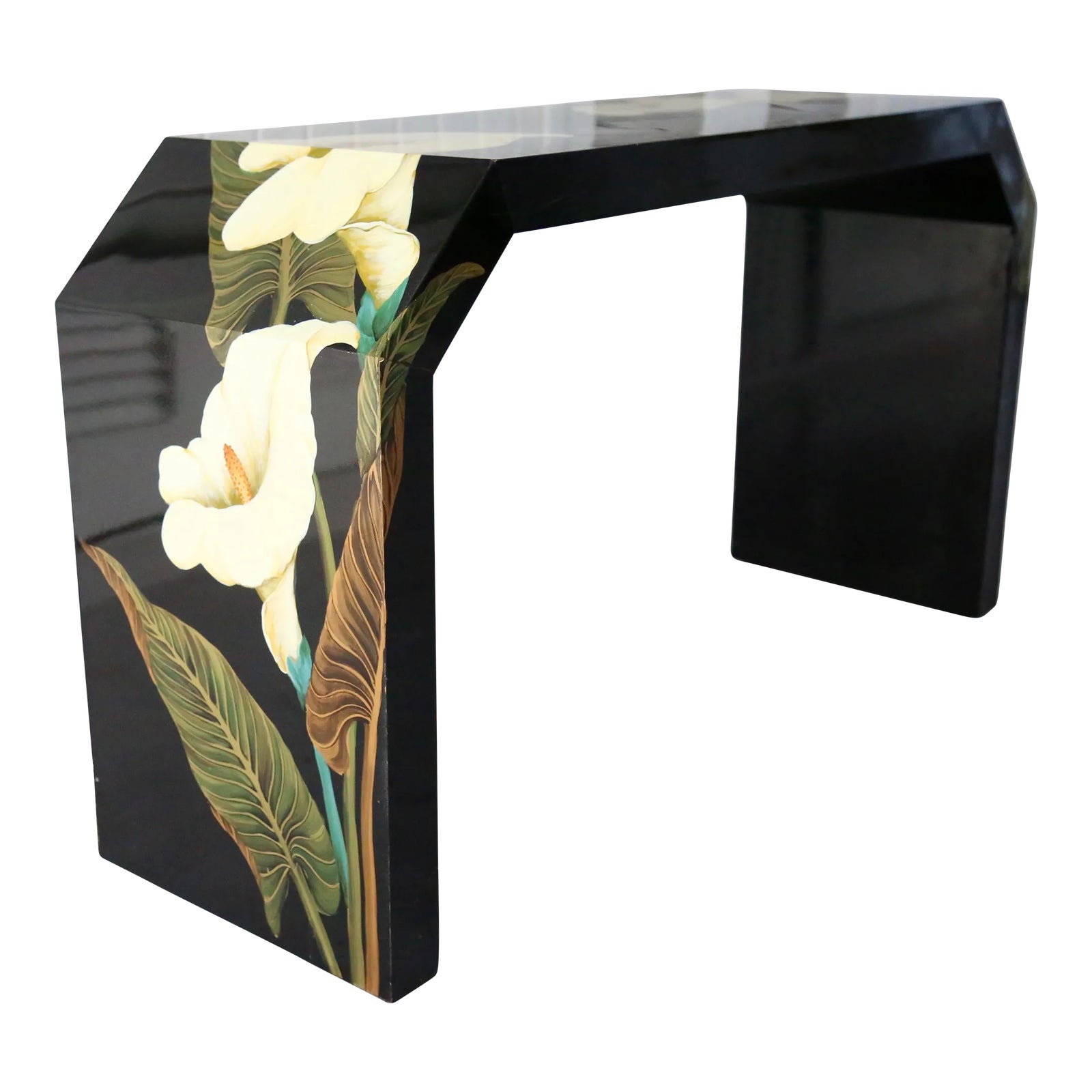 1970's Black Lacquer Hand-Painted Calla Lilies Console Table | Chairish