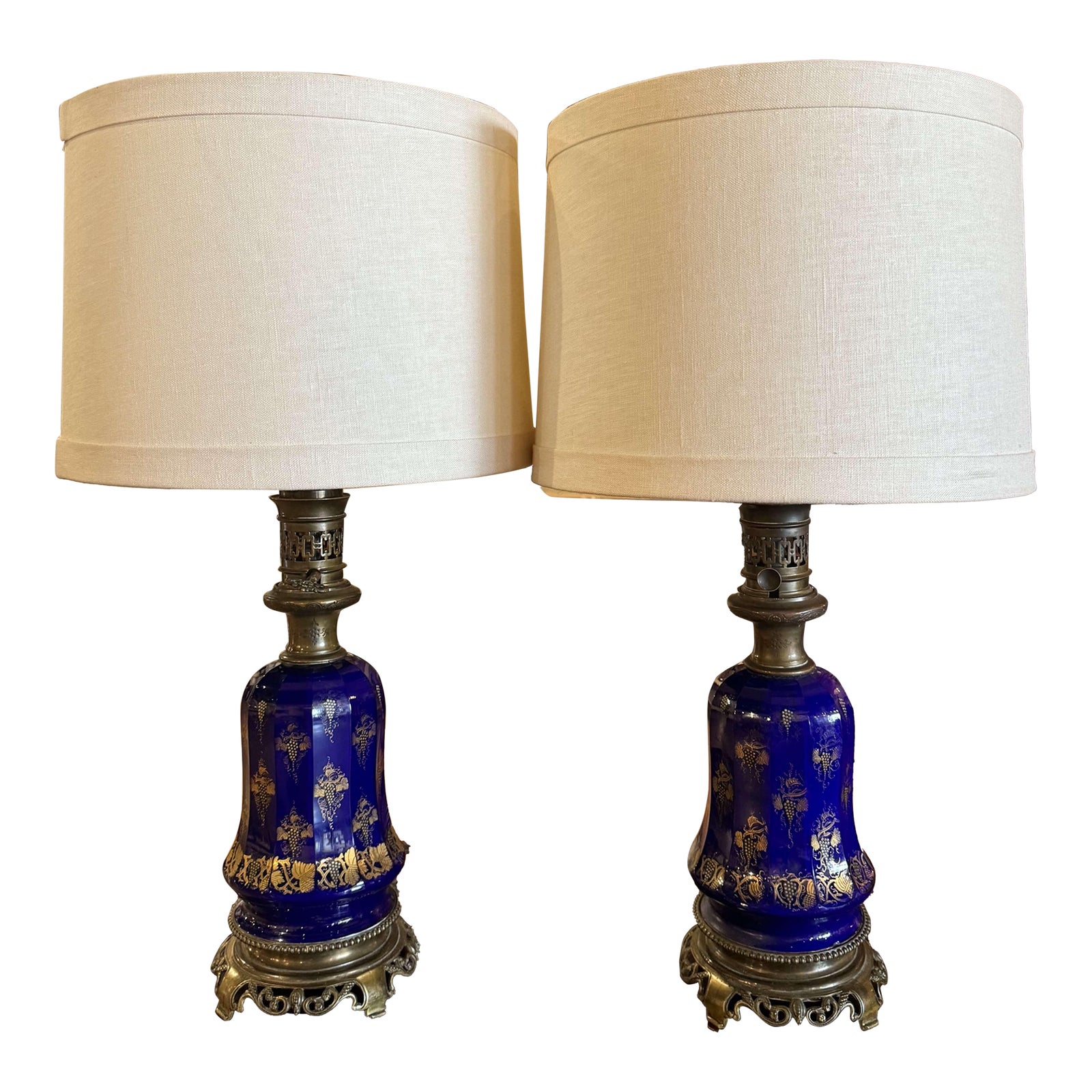 Pair of 19th Century French Painted Cobalt Blue Glass & Brass Table Oil ...