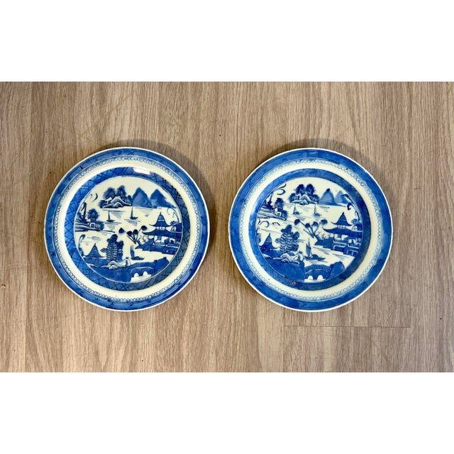 Antique Chinese Blue and White Porcelain Canton Plates- a Pair | Chairish