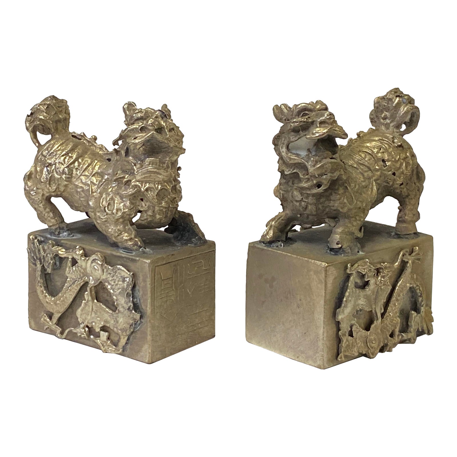 Pair Chinese Pewter Silver Color Metal Kirin Fengshui Figures | Chairish