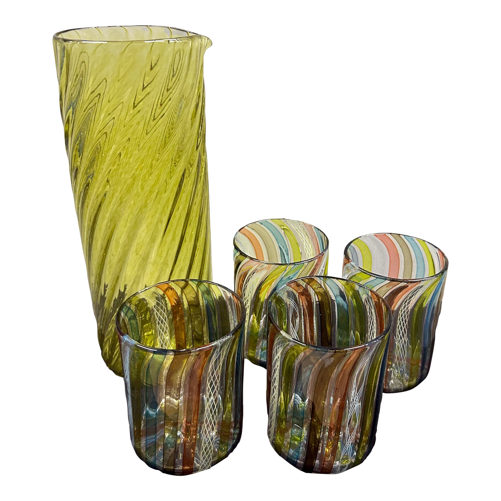 Contemporary Green Glass Pitcher and Tumblers - 5 Pieces | Chairish