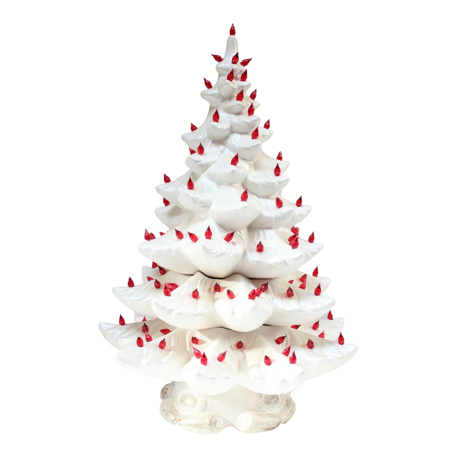 Vintage White and Gilt Ceramic Christmas Tree With Red Ornaments | Chairish