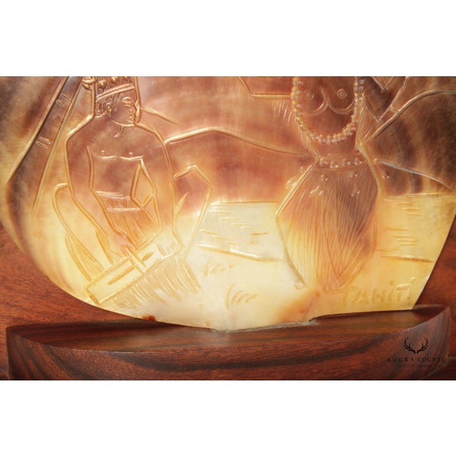 Tahitian Tiki Carved Shell and Teak Wood Lamp | Chairish