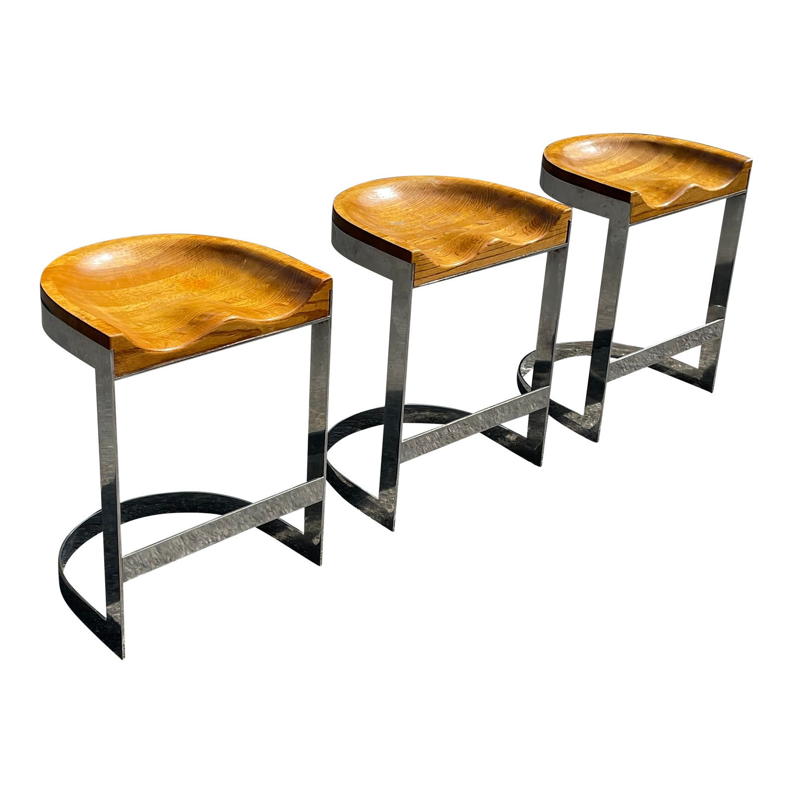 1960s Warren Bacon Oak and Chromed Steel Counter Stools, Set of 3 ...