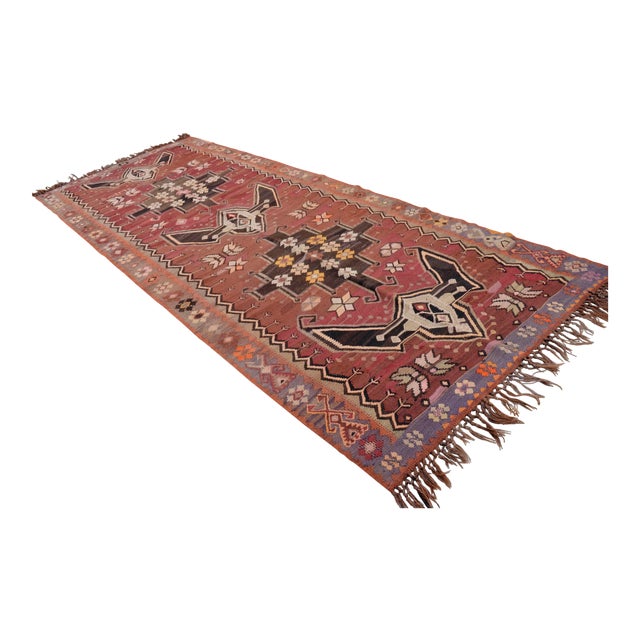 Vintage Turkish Handmade Kilim Runner Rug - 5′ × 12′7″ | Chairish