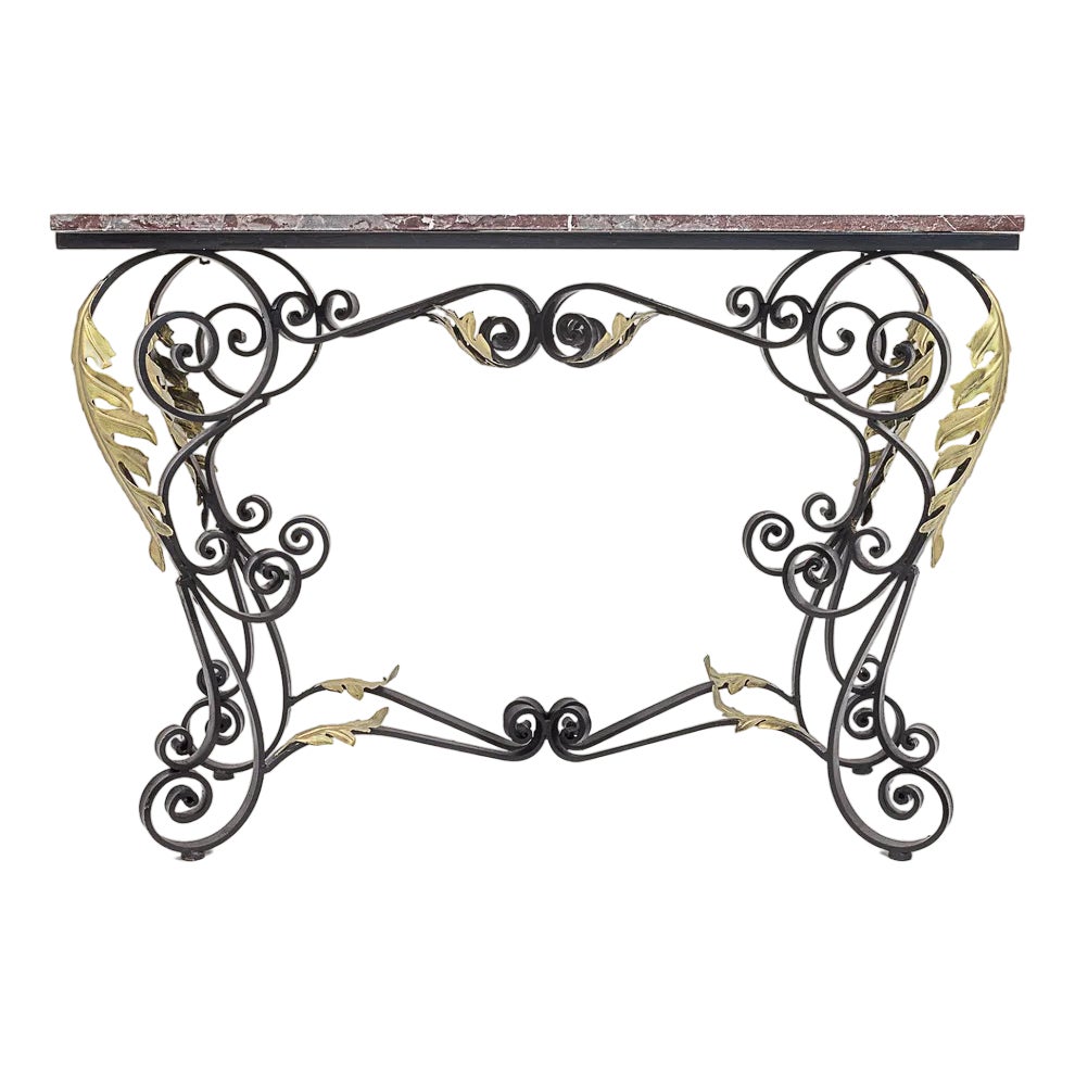 Wrought Iron Console with Golden Acantho Leaves, 1950s | Chairish