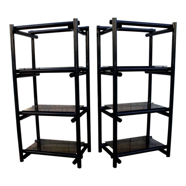 1970s Vintage Modernist Tubular Black Metal Shelving Units/Etagere With ...