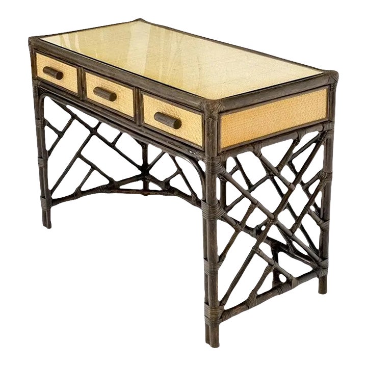 Three Drawer Cane & Reed Faux Bamboo Compact Desk Writing Table w ...