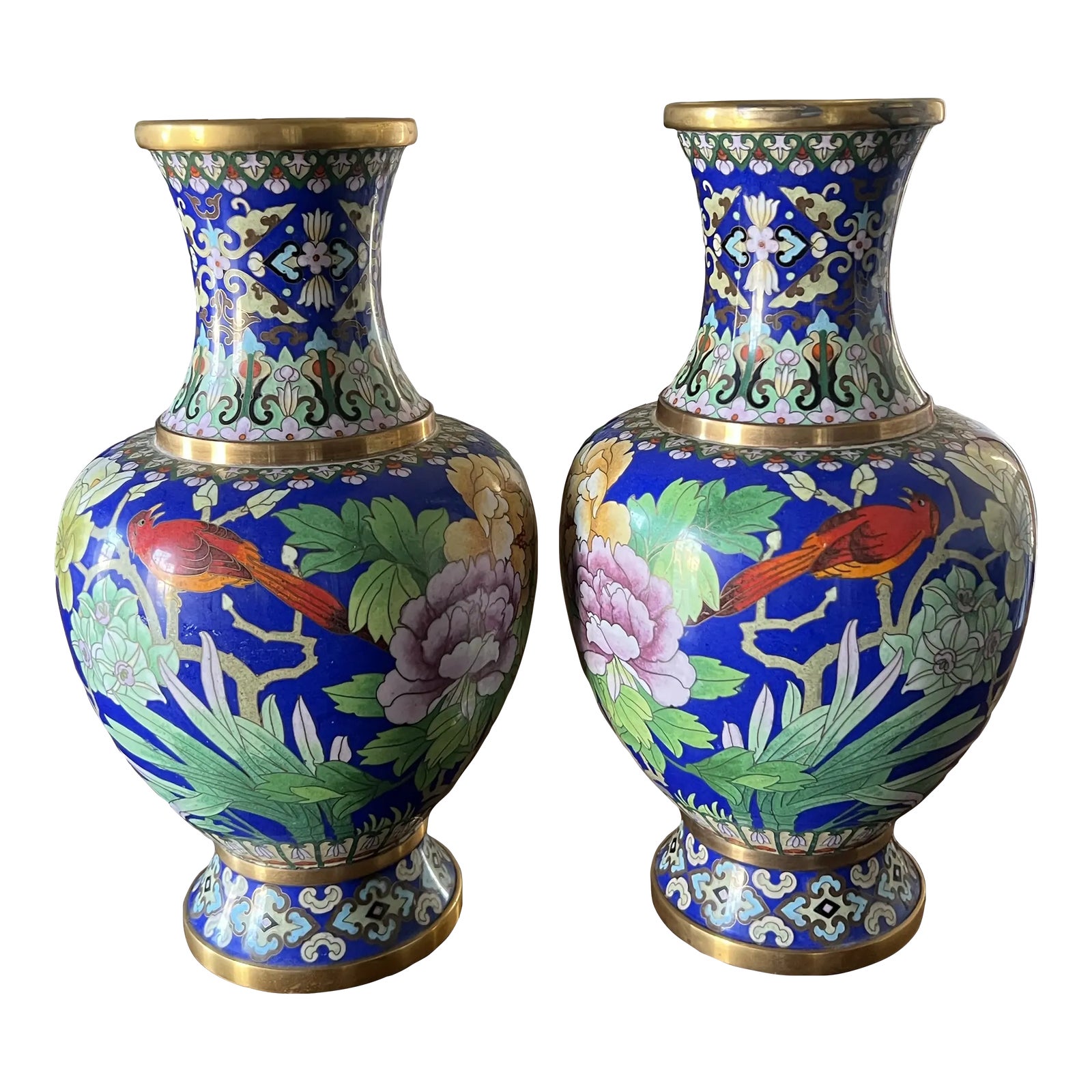 Large Late 20th Century Jingfa Chinese Export Peony and Birds Cloisonné ...