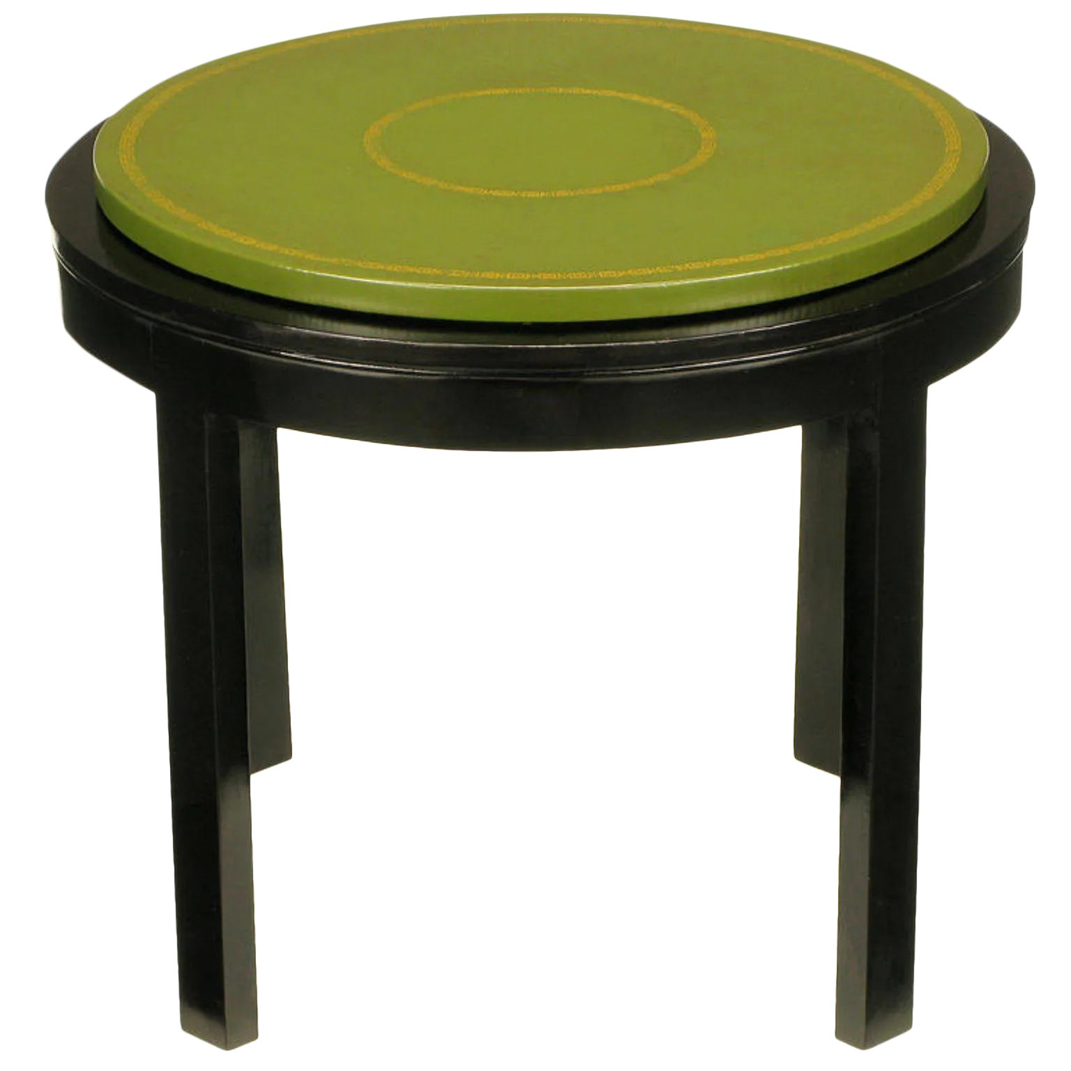 Round Ebonized and Tooled Green Leather Top End Table | Chairish
