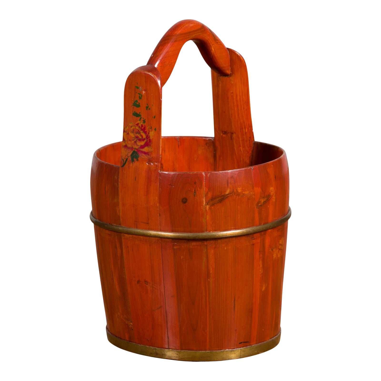 Chinese Rustic Wooden Bucket with Large Handle and Painted Floral ...