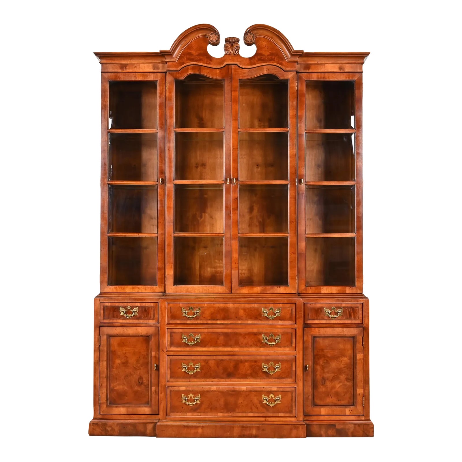 Henredon Georgian Carved Mahogany Lighted Breakfront Bookcase Cabinet ...