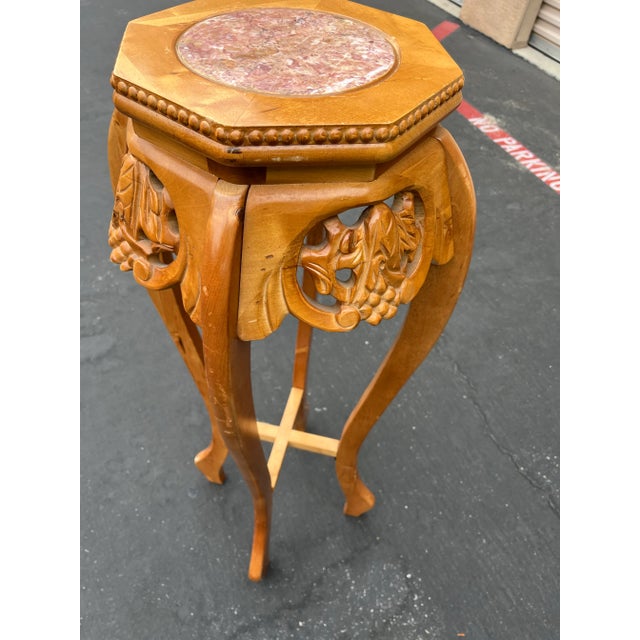 Mid Century Chinoiserie Carved Wood Marble Top Plant Stand Pedestal ...