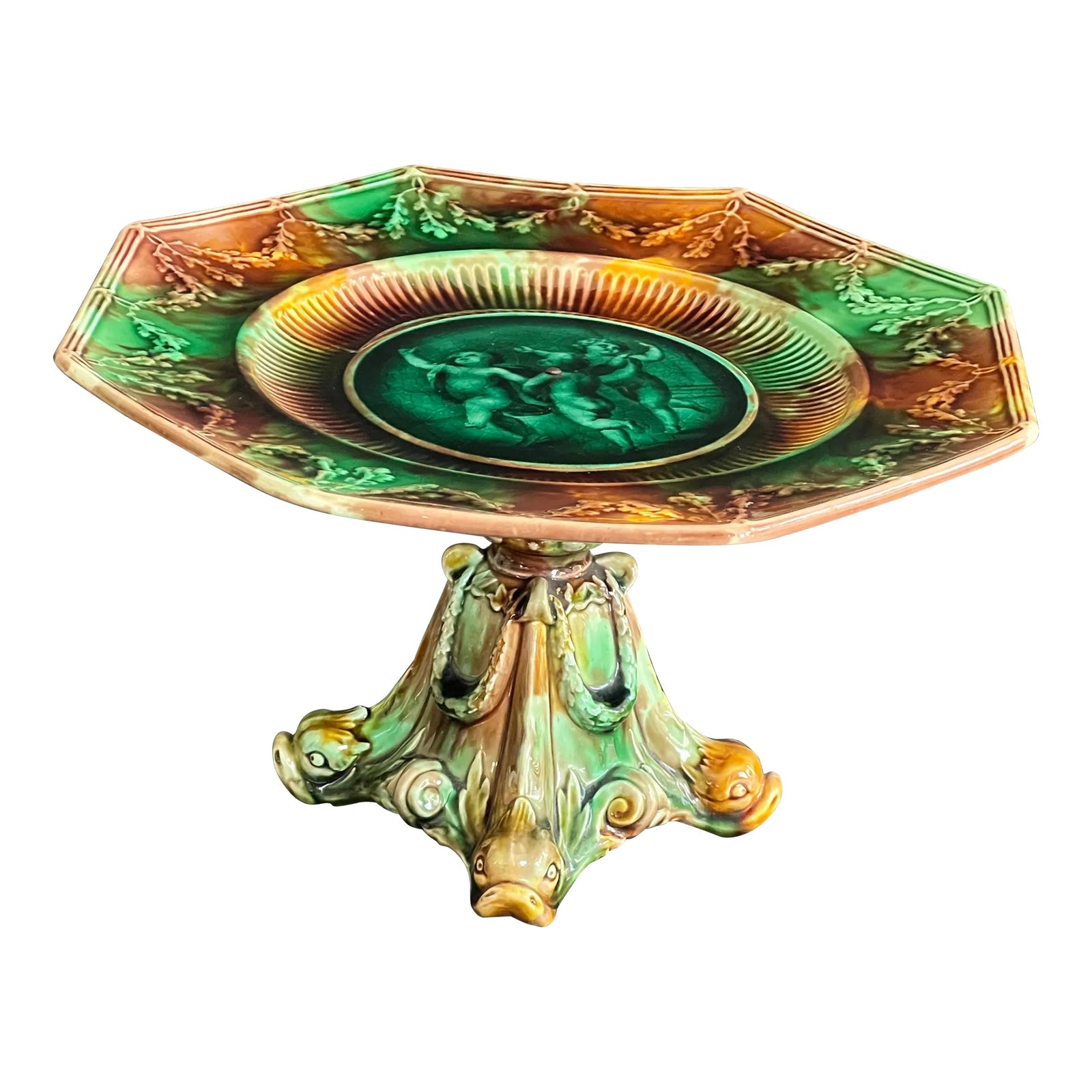 Antique Wedgwood Majolica Cake Plate Footed Compote Cherubs & Dolphins ...