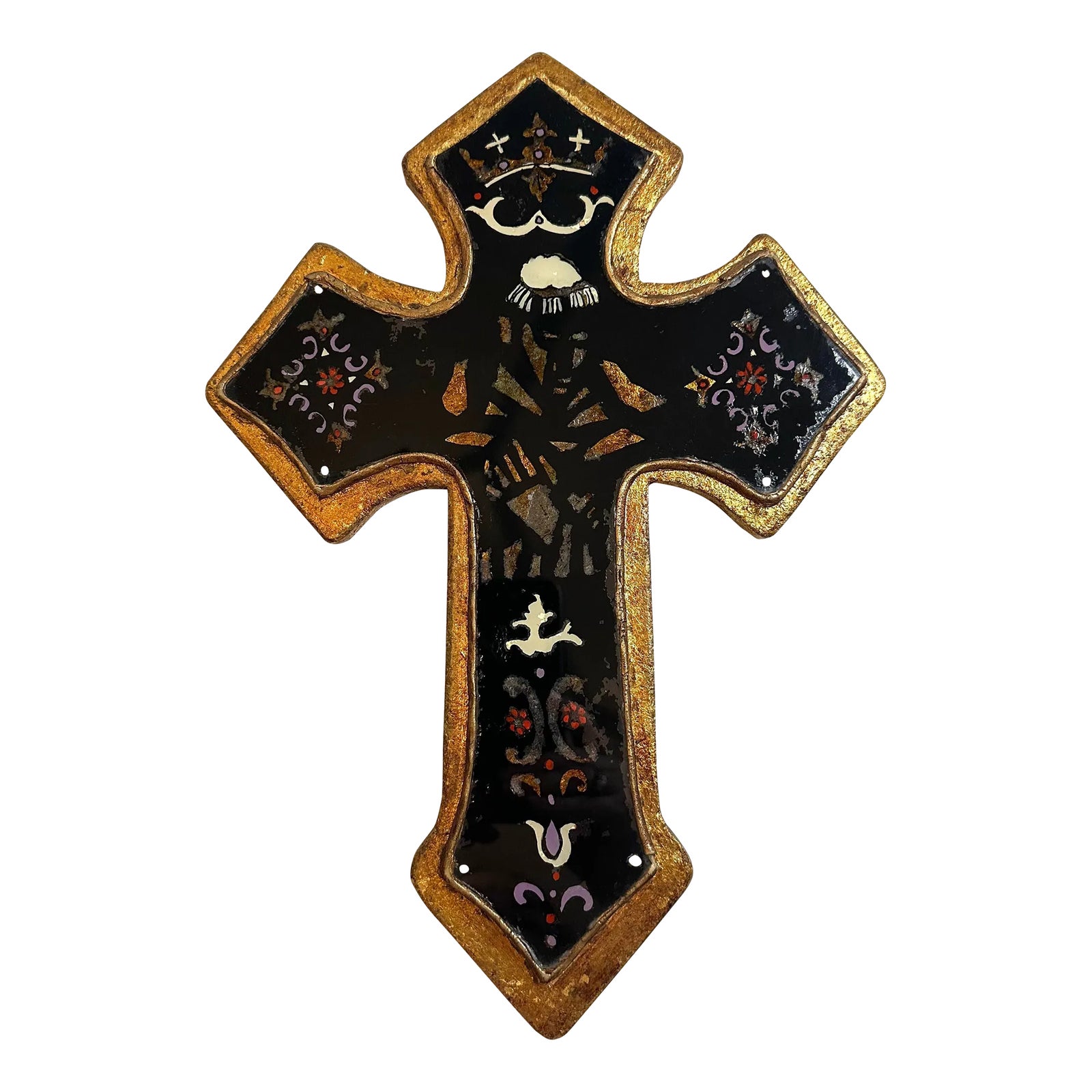 Italian Florentine Reversed Painted Cross, Black, Red, Purple and Gold ...
