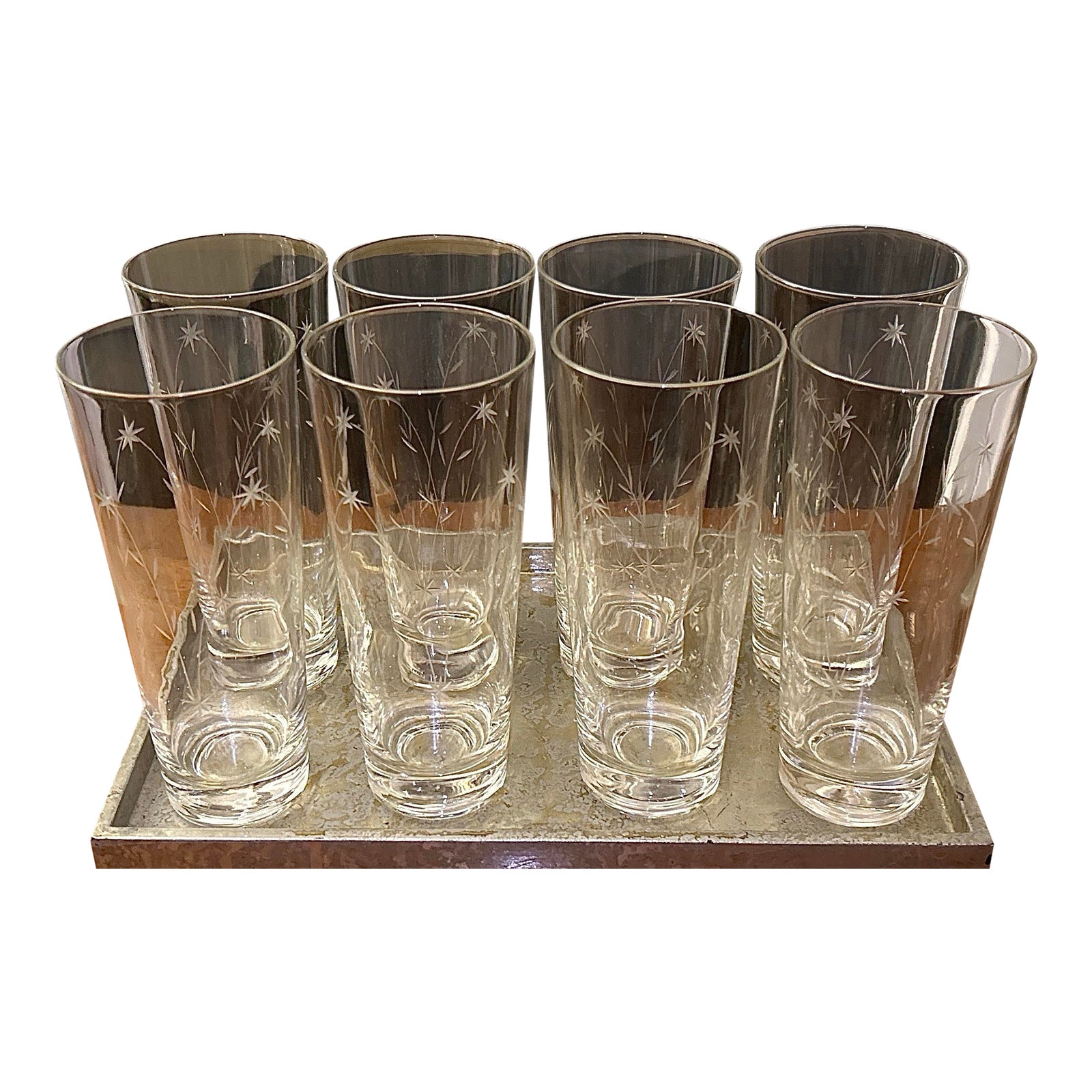 1970s Vintage Etched High Ball Glasses- Set of 8 | Chairish