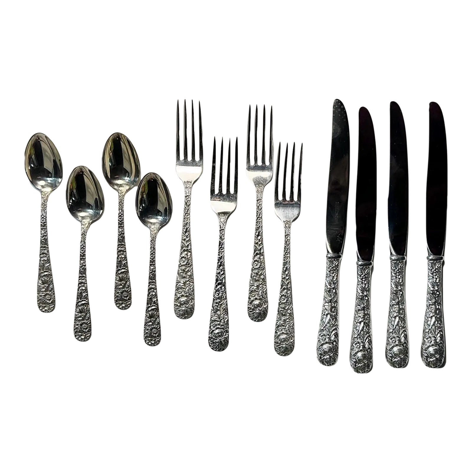 12 Piece Set of Kirk & Son Sterling Silver Repousse Pattern Luncheon ...