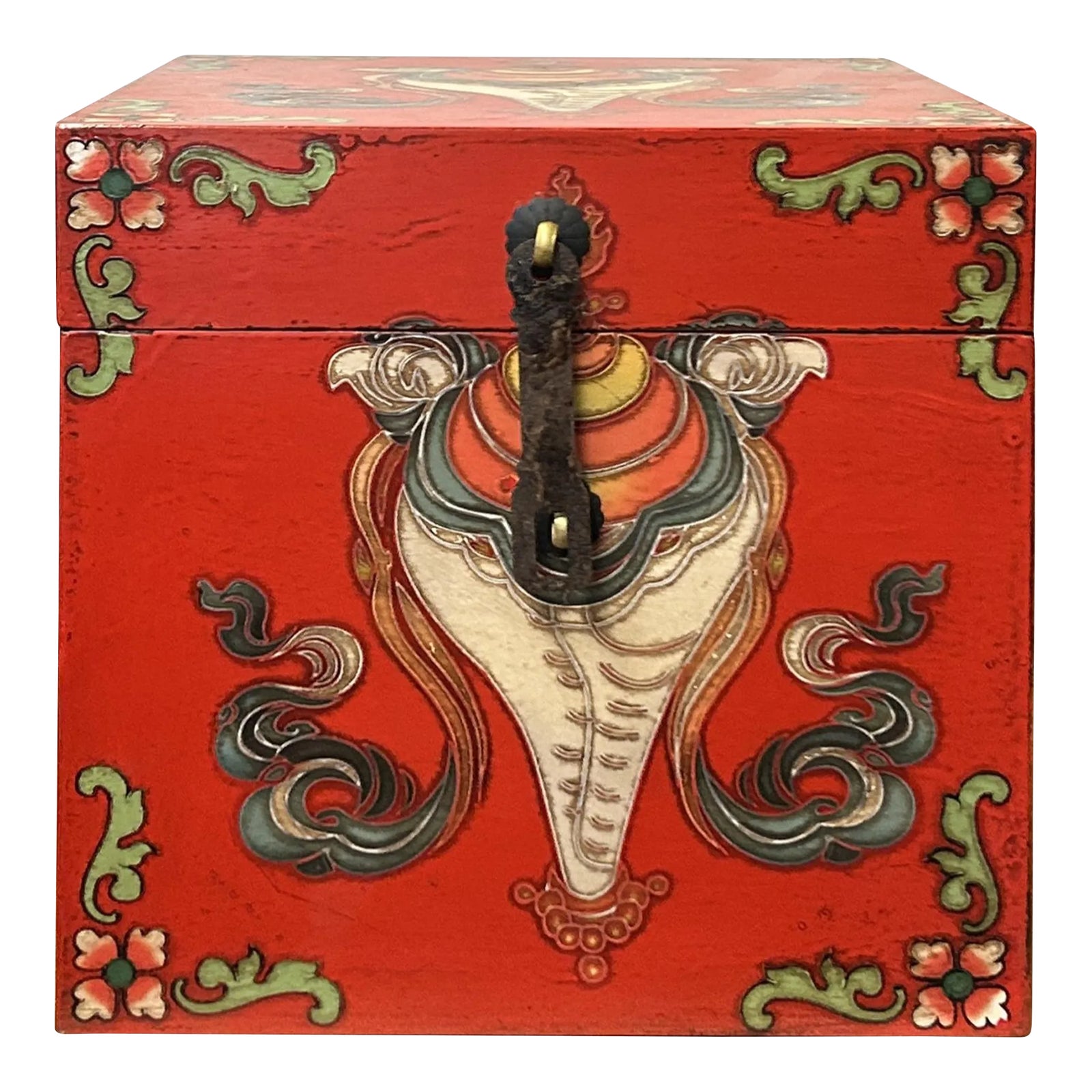 Chinese Distressed Red Wheel Conch Graphic Square Shape Box | Chairish